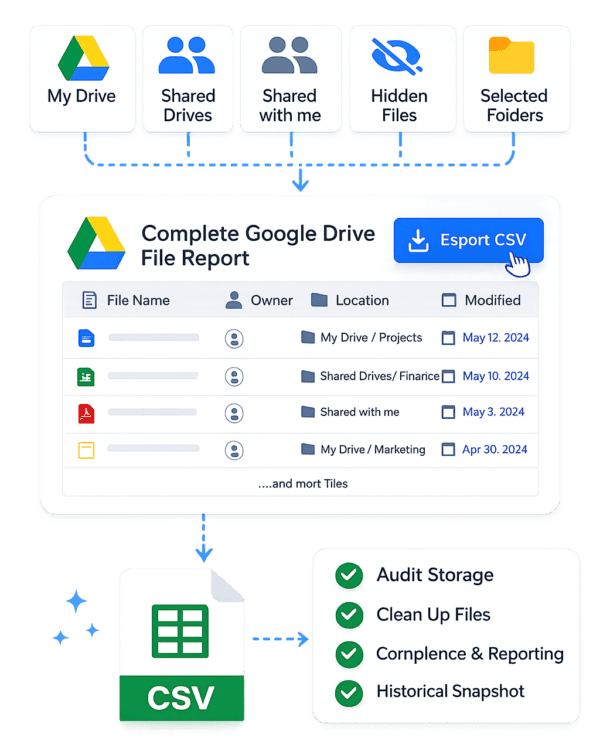 Export Google Drive File List, CSV Reporting Tool | Filerev